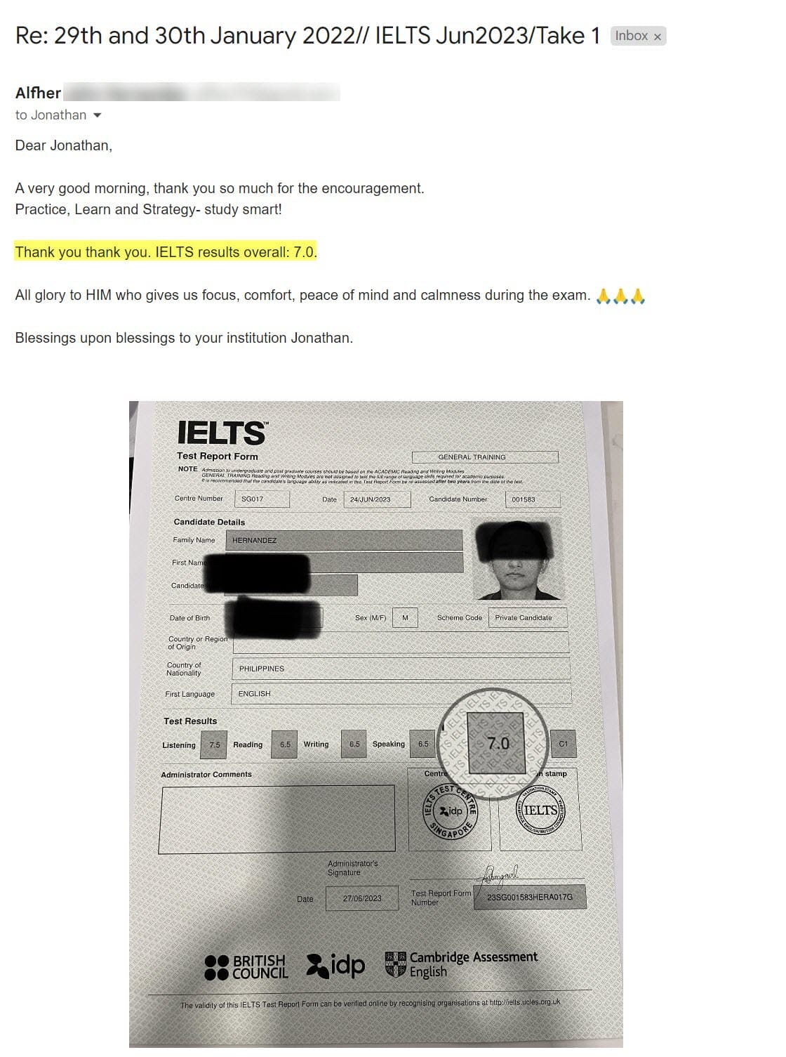 Student Results (Reviews) - IELTS Singapore Preparation Classes